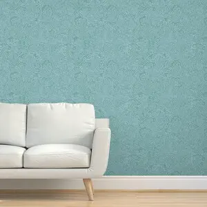 Spoonflower Waves Clouds Beach Coastal Teal Ocean Pop Art Custom Pre-pasted Wallpaper