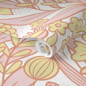 Spoonflower Romantic Floral Pastel Pink Yellow Feminine Custom Pre-pasted Wallpaper - Pink,yellow