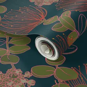 Spoonflower Dark Botanical Hawaii Hawaiian Floral Flowers Custom Pre-pasted Wallpaper - Red