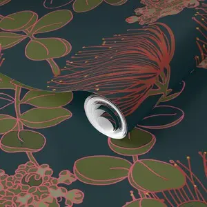 Spoonflower Dark Botanical Hawaii Hawaiian Floral Flowers Custom Pre-pasted Wallpaper - Red