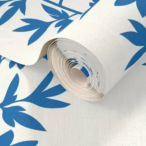 Spoonflower Stripe Leaves Floral Nature Stripes Leaf Vine 100% Natural Sisal Grasscloth Wallcovering - Blue,gray