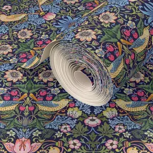 Spoonflower Roses Pink Cabbage Antique William Morris 100% Natural Sisal Grasscloth Wallcovering - Blue,pink,gray