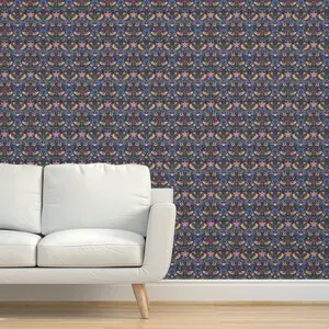 Spoonflower Roses Pink Cabbage Antique William Morris 100% Natural Sisal Grasscloth Wallcovering - Blue,pink,gray