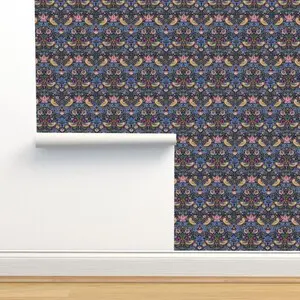 Spoonflower Roses Pink Cabbage Antique William Morris 100% Natural Sisal Grasscloth Wallcovering - Blue,pink,gray