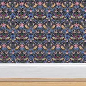 Spoonflower Roses Pink Cabbage Antique William Morris 100% Natural Sisal Grasscloth Wallcovering - Blue,pink,gray