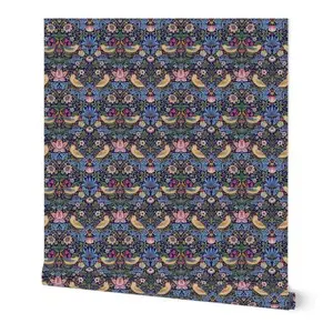 Spoonflower Roses Pink Cabbage Antique William Morris 100% Natural Sisal Grasscloth Wallcovering - Blue,pink,gray