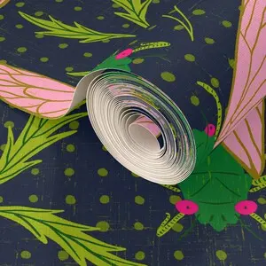 Spoonflower Cicada Navy 100% Natural Sisal Grasscloth Wallcovering - Blue,pink