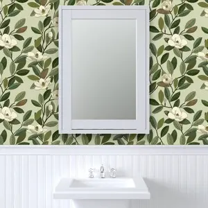 Spoonflower Magnolia Blooms Green Flowers Botanical Custom Pre-pasted Wallpaper - White