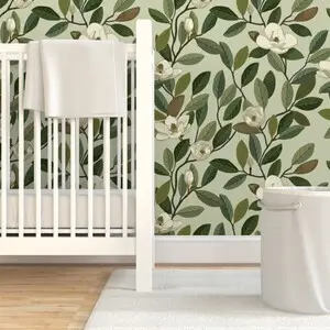 Spoonflower Magnolia Blooms Green Flowers Botanical Custom Pre-pasted Wallpaper - White