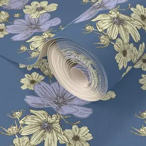 Spoonflower Neutral Floral Blue 100% Natural Sisal Grasscloth Wallcovering - Blue,gray