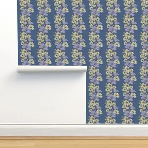Spoonflower Neutral Floral Blue 100% Natural Sisal Grasscloth Wallcovering
