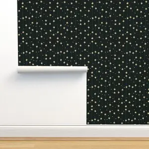 Spoonflower Twinkling Stars In Black 100% Natural Sisal Grasscloth Wallcovering - Blue,beige,gray