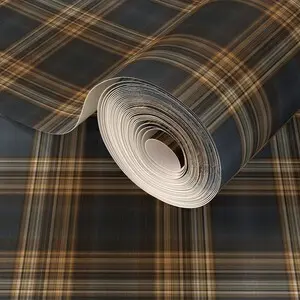 Spoonflower Dark Blue And Brown Fine Line Plaid Medium 100% Natural Sisal Grasscloth Wallcovering - Brown,gray