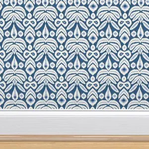 Spoonflower Blue And Cornflower Bloom Ikat 100% Natural Sisal Grasscloth Wallcovering