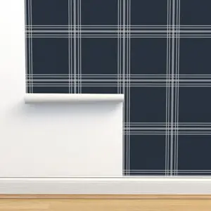 Spoonflower Windowpane Plaid Navy 100% Natural Sisal Grasscloth Wallcovering