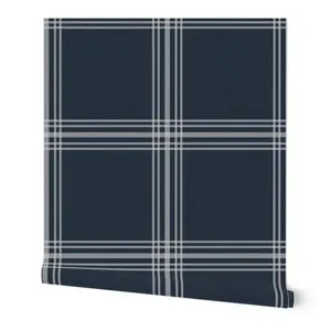 Spoonflower Windowpane Plaid Navy 100% Natural Sisal Grasscloth Wallcovering
