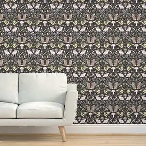 Spoonflower Damask Modern Art Nouveau Nature Forest Custom Pre-pasted Wallpaper - Brown