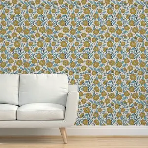 Spoonflower Coraline Gold 100% Natural Sisal Grasscloth Wallcovering - Gray,green,blue
