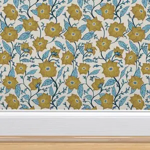 Spoonflower Coraline Gold 100% Natural Sisal Grasscloth Wallcovering - Gray,green,blue
