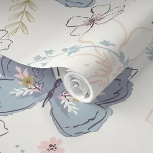 Spoonflower Garden Butterfly Pastel Purple Botanical Custom Pre-pasted Wallpaper - Pink