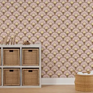 Spoonflower Retro Floral Pink Yellow Coneflower Medium Custom Pre-pasted Wallpaper