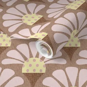 Spoonflower Retro Floral Pink Yellow Coneflower Medium Custom Pre-pasted Wallpaper - Brown