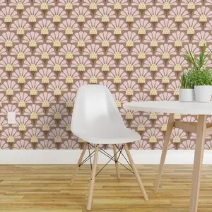 Spoonflower Retro Floral Pink Yellow Coneflower Medium Custom Pre-pasted Wallpaper