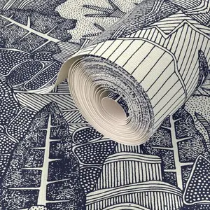 Spoonflower Trees Nc Blue Large 100% Natural Sisal Grasscloth Wallcovering - Blue,white