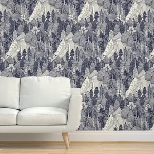 Spoonflower Trees Nc Blue Large 100% Natural Sisal Grasscloth Wallcovering - Blue,white