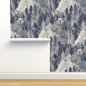 Spoonflower Trees Nc Blue Large 100% Natural Sisal Grasscloth Wallcovering - Blue,white