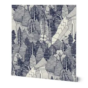 Spoonflower Trees Nc Blue Large 100% Natural Sisal Grasscloth Wallcovering - Blue,white