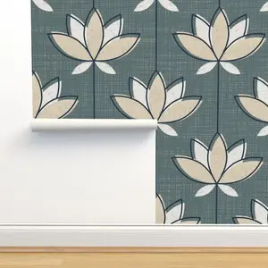 Spoonflower Mid Mod Lotus Garden Medium Slate 100% Natural Sisal Grasscloth Wallcovering