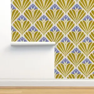 Spoonflower Corinne Blue And Yellow 100% Natural Sisal Grasscloth Wallcovering - Yellow,gray,blue
