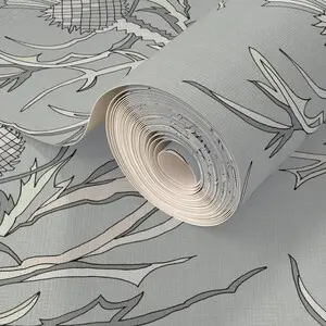 Spoonflower Thistle Thistles Scotland Scottish Winter 100% Natural Sisal Grasscloth Wallcovering - Blue,gray