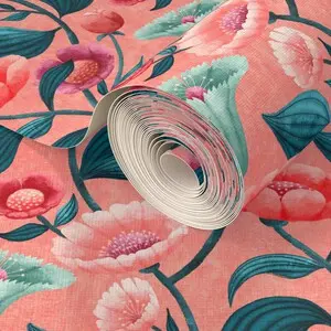 Spoonflower Flowing Florals 100% Natural Sisal Grasscloth Wallcovering - Pink,purple