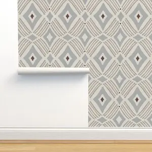Spoonflower Textured Geometric Beige Taupe Blue Grey 100% Natural Sisal Grasscloth Wallcovering - Blue,white,gray