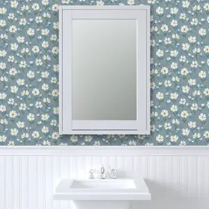 Spoonflower Blue Botanical Hand Painted Flower Summer Custom Pre-pasted Wallpaper
