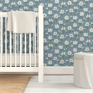 Spoonflower Blue Botanical Hand Painted Flower Summer Custom Pre-pasted Wallpaper