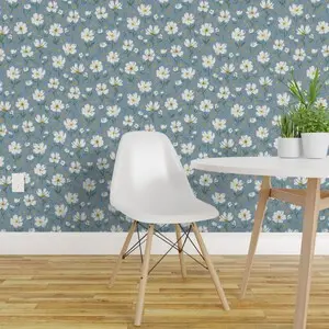 Spoonflower Blue Botanical Hand Painted Flower Summer Custom Pre-pasted Wallpaper