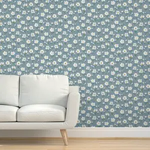 Spoonflower Blue Botanical Hand Painted Flower Summer Custom Pre-pasted Wallpaper