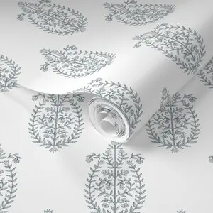 Spoonflower Floral Paisley Tulip Traditional Turtle Custom Pre-pasted Wallpaper - Blue