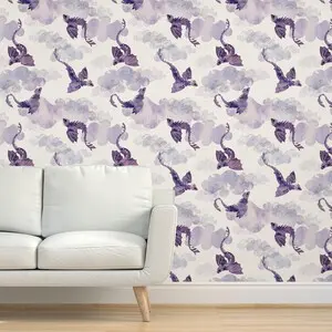 Spoonflower Dragons Clouds Purple 100% Natural Sisal Grasscloth Wallcovering