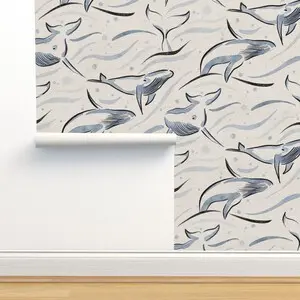 Spoonflower Humpback Whales Watercolor Blue Ocean 100% Natural Sisal Grasscloth Wallcovering - White,gray,blue