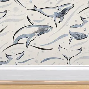 Spoonflower Humpback Whales Watercolor Blue Ocean 100% Natural Sisal Grasscloth Wallcovering - White,gray,blue