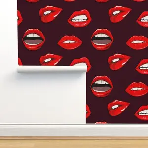 Spoonflower Love Lips Dark Pattern 100% Natural Sisal Grasscloth Wallcovering