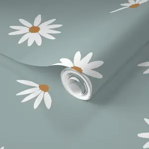 Spoonflower Dusty Floral Ditsy Coneflower White Flowers Custom Pre-pasted Wallpaper - Blue