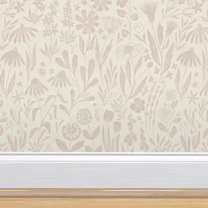 Spoonflower Tan And Cream Wildflowers 100% Natural Sisal Grasscloth Wallcovering - Tan,beige,gray