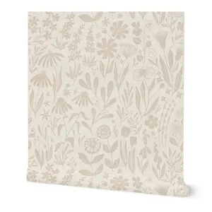 Spoonflower Tan And Cream Wildflowers 100% Natural Sisal Grasscloth Wallcovering - Tan,beige,gray