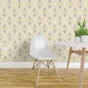 Spoonflower Retro Floral Yellow Swirls Gray Deco Flowers Custom Pre-pasted Wallpaper - Blue