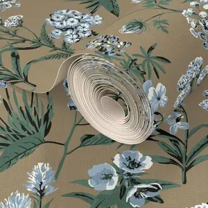 Spoonflower Blue Wildflowers On Brown Background Regular Scale 100% Natural Sisal Grasscloth Wallcovering - Green,gray,blue